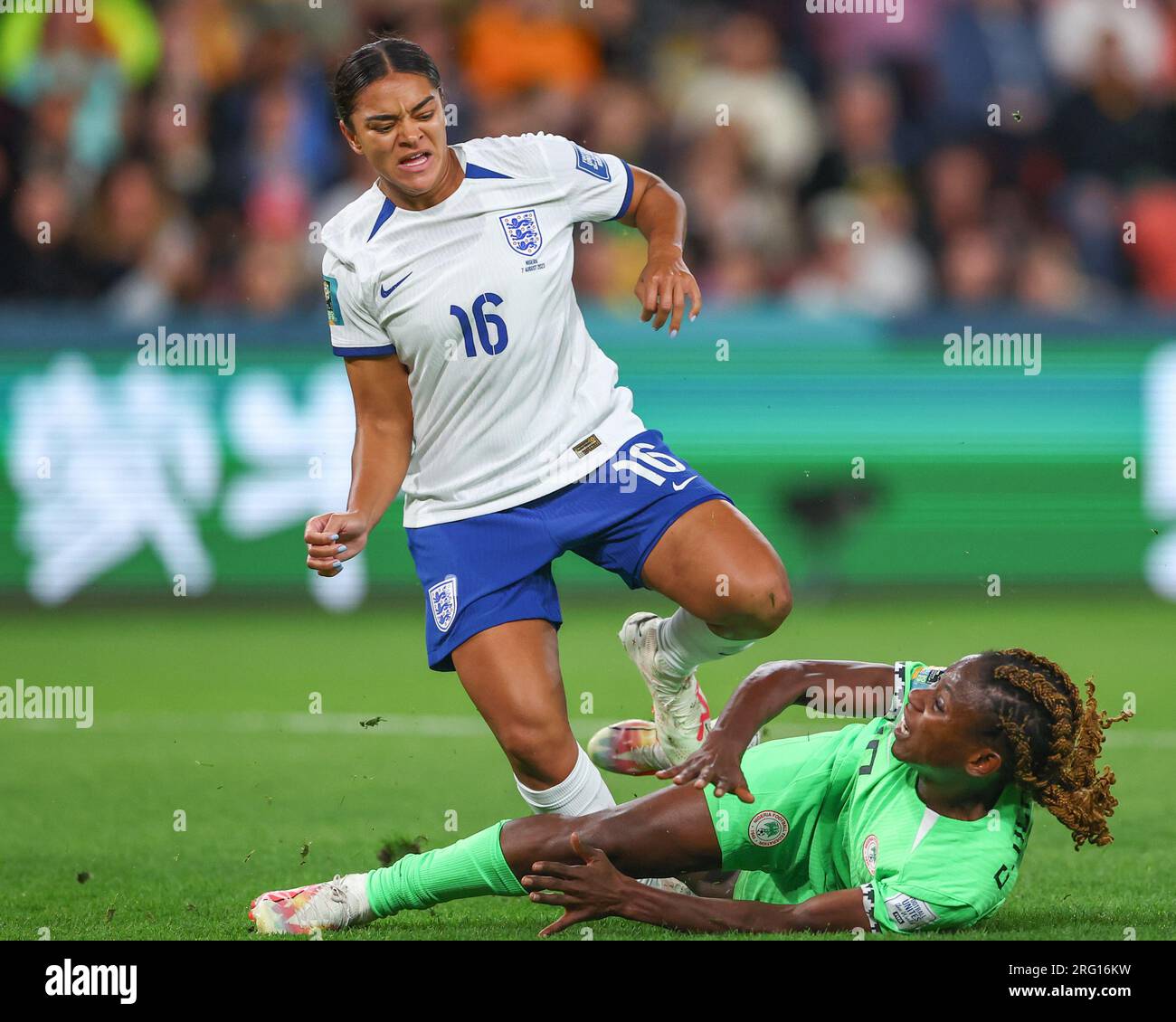Jess Carter #16 of England and Christy Ucheibe #10 of Nigeria collide ...