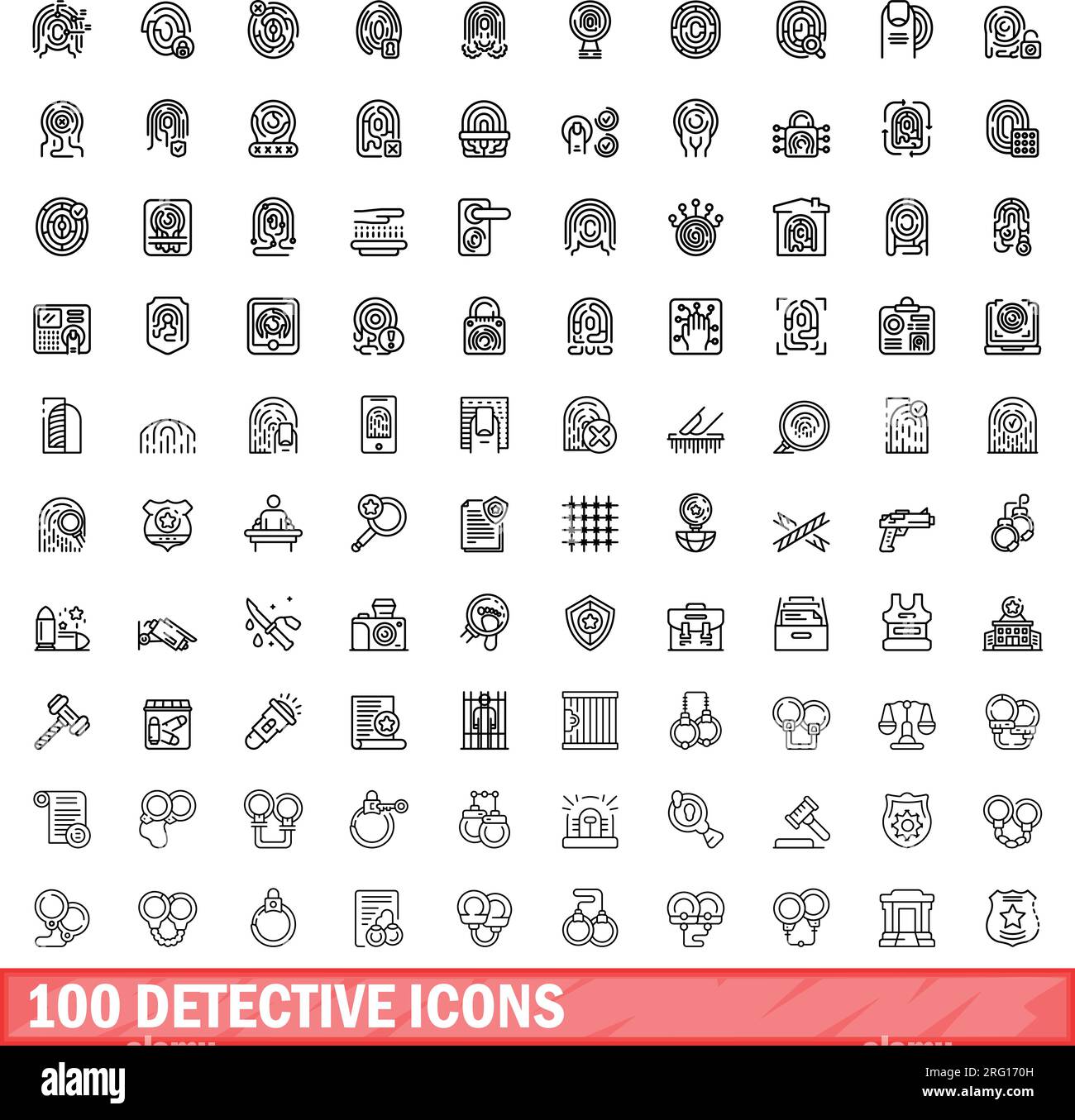 100 detective icons set. Outline illustration of 100 detective icons ...
