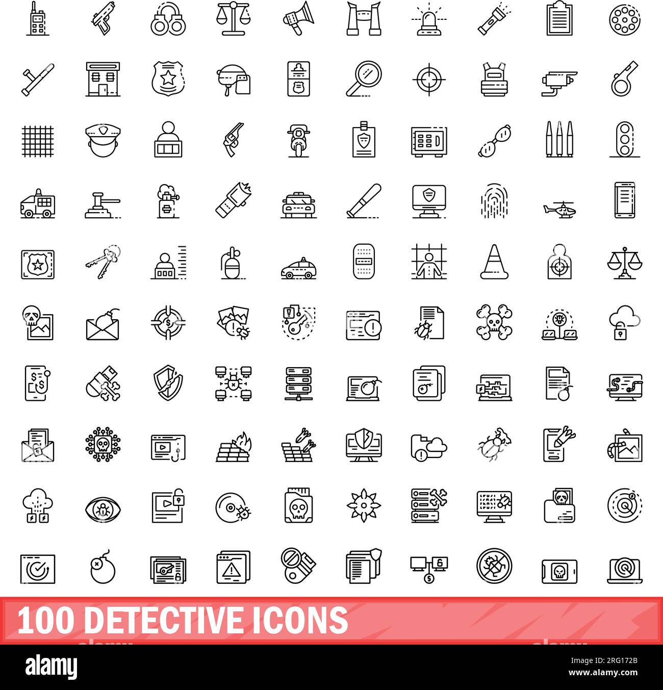 100 detective icons set. Outline illustration of 100 detective icons ...