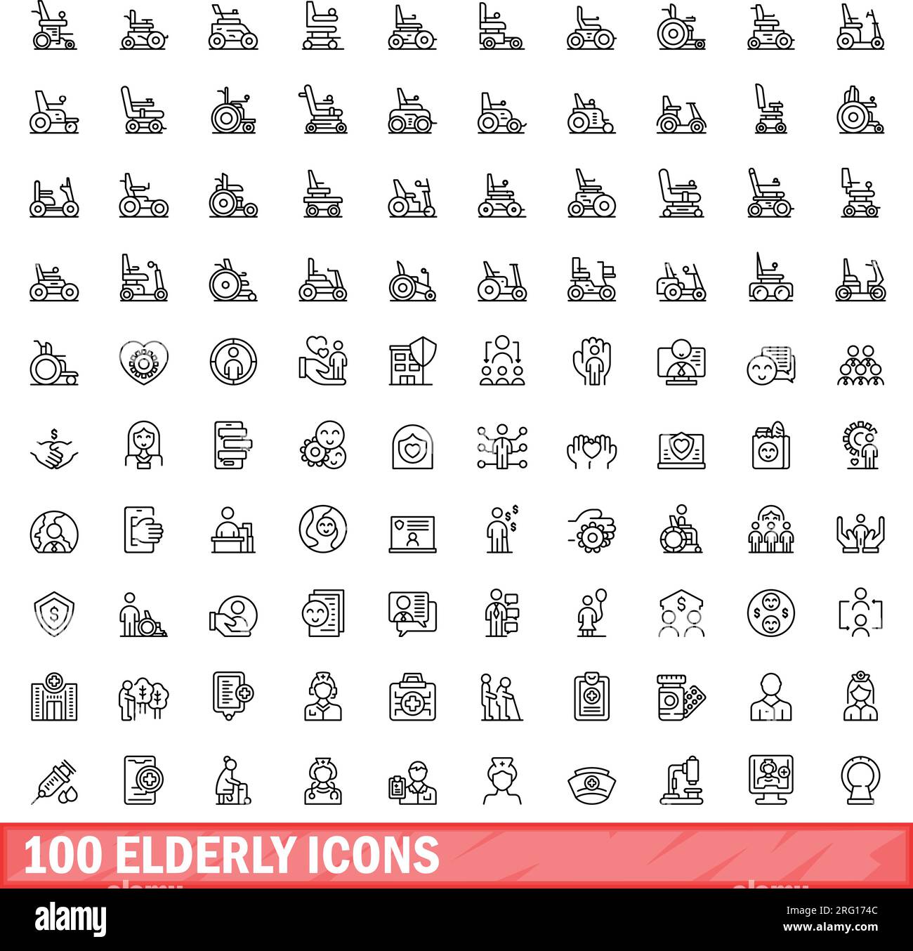 100 elderly icons set. Outline illustration of 100 elderly icons vector ...