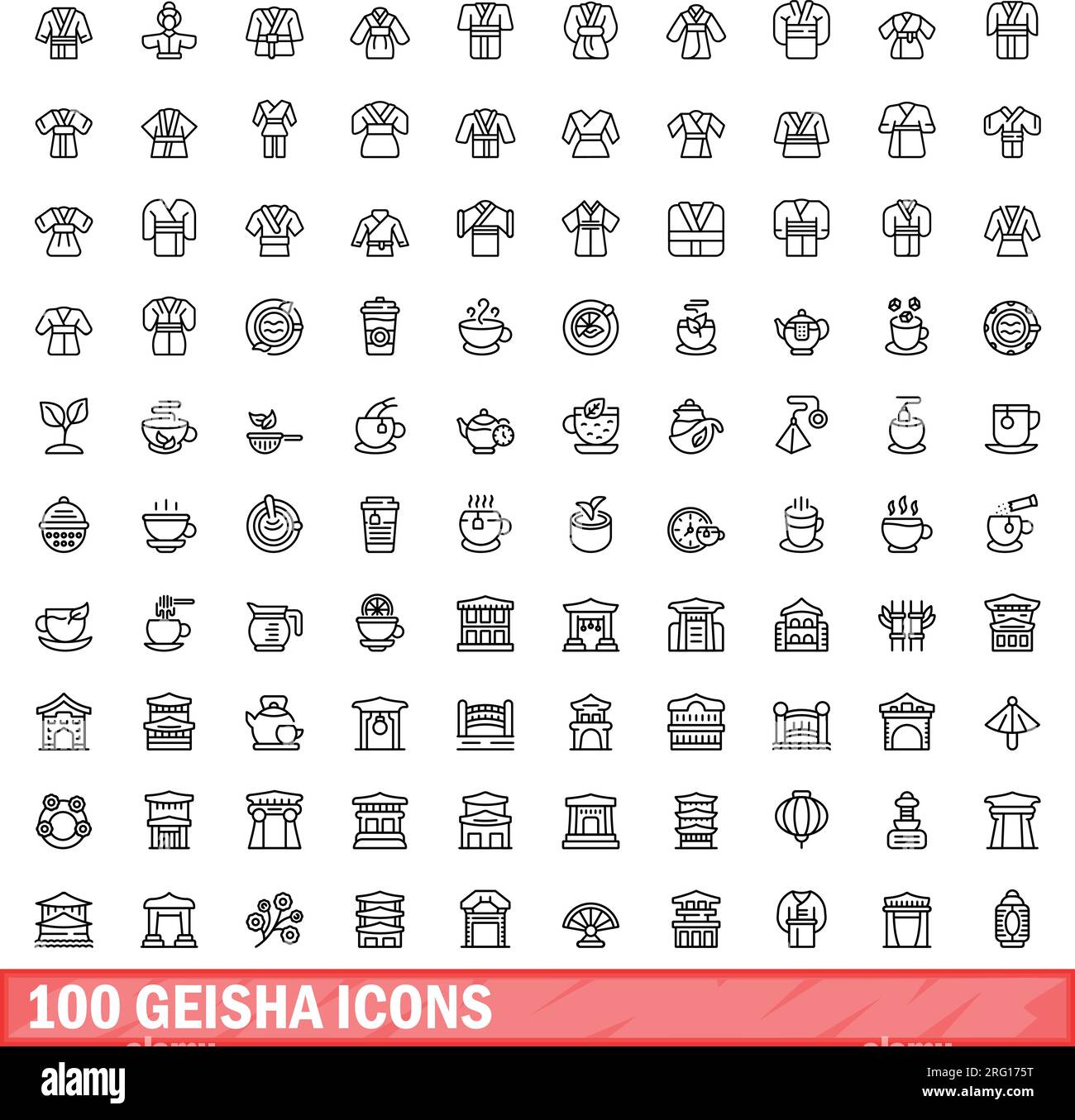 100 geisha icons set. Outline illustration of 100 geisha icons vector ...