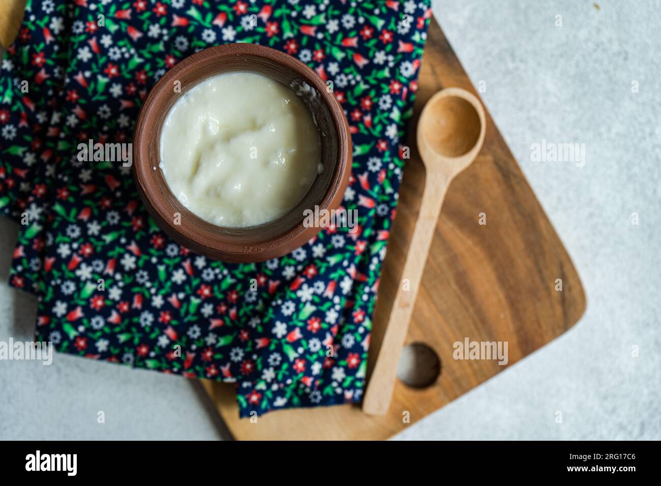 Top view of traditional serving of Georgian sour yogurt known as ...