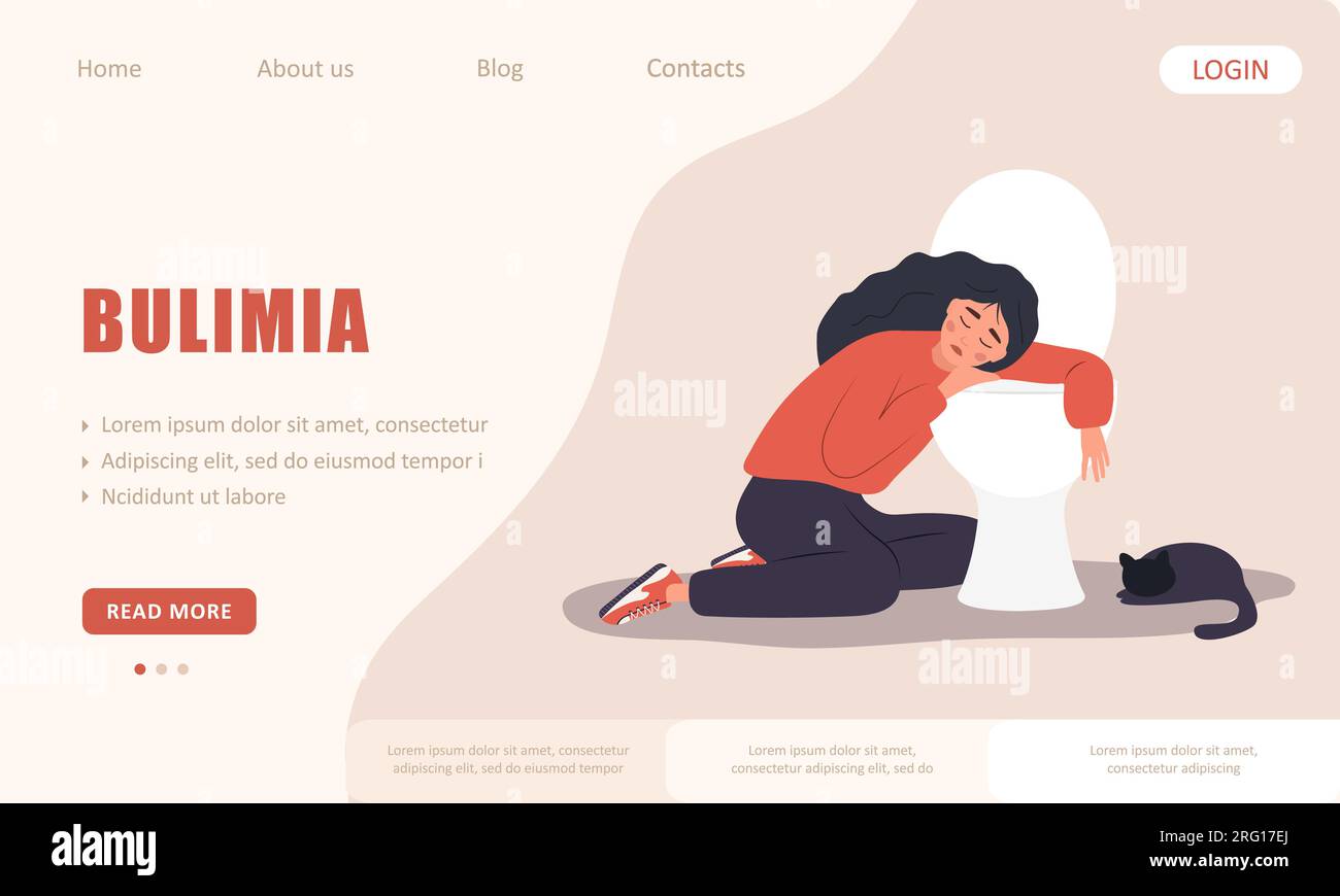 Bulimia landing page template. Unhealthy woman sitting on floor leaning ...