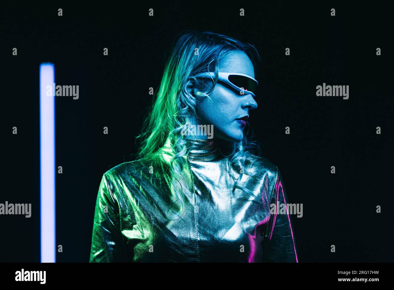 Cybernetic young girl with curly hair and dark glasses wearing bright ...