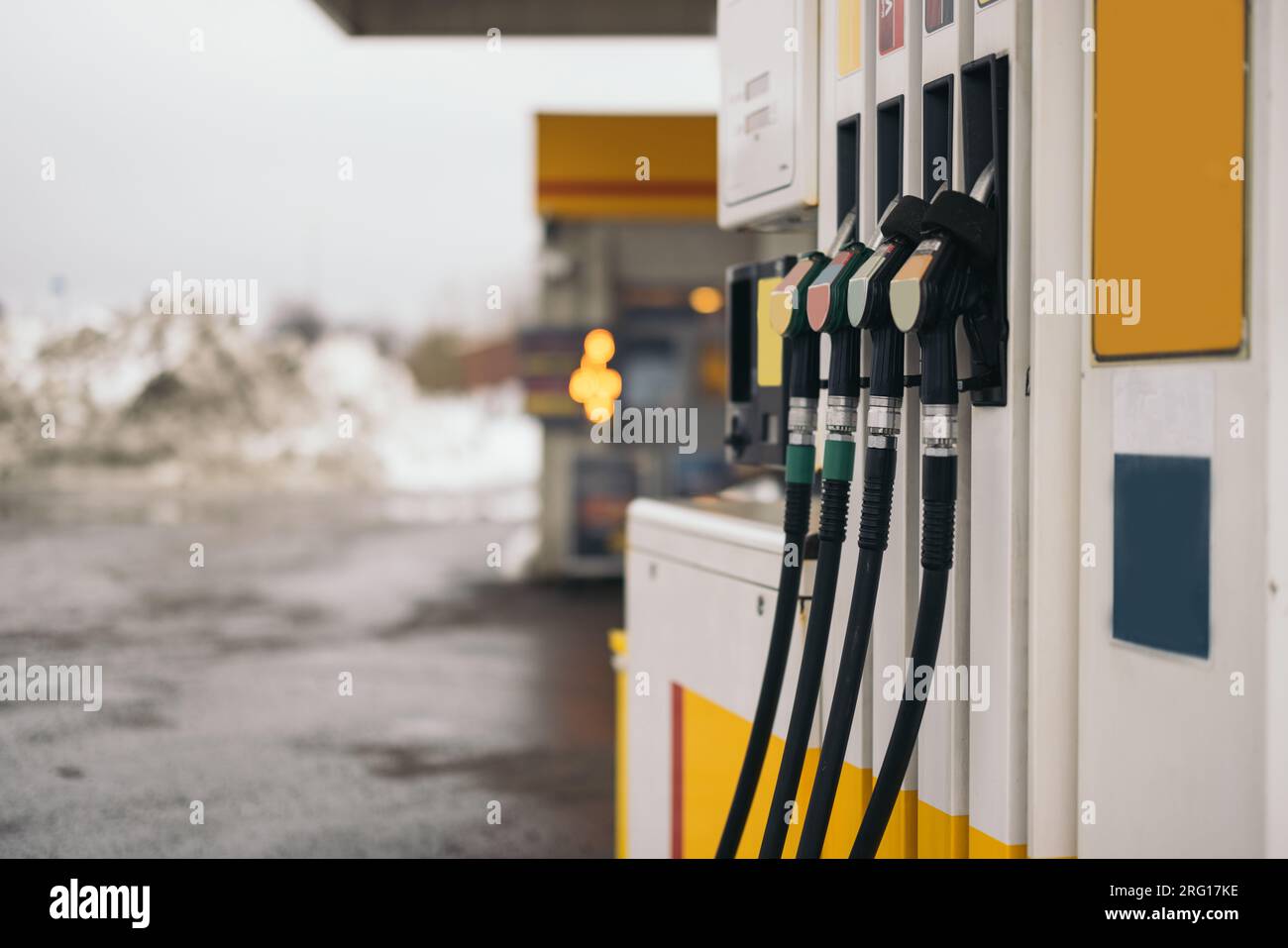 Modern colorful petroleum fuel dispensing station with set of dispenser ...