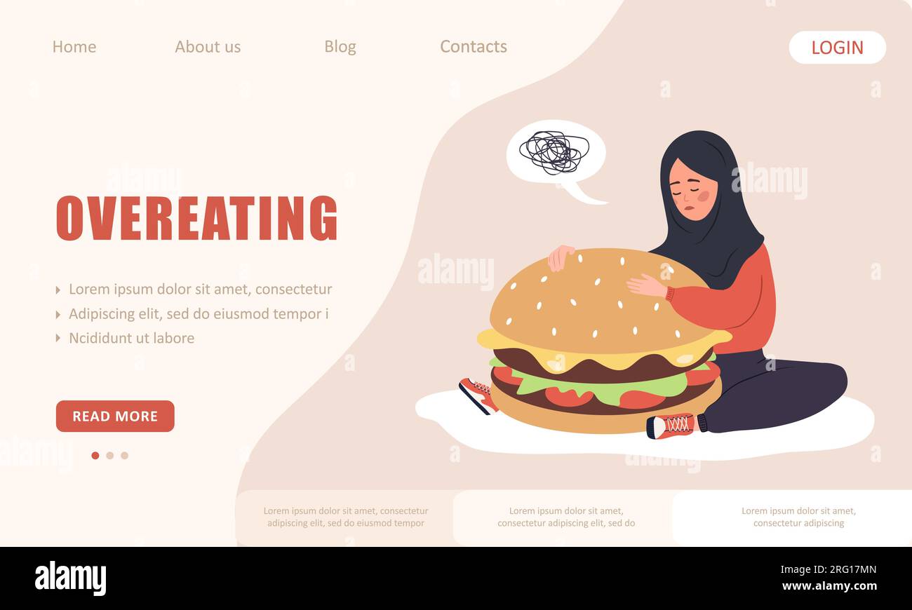 Overeating landing page template. Sad arabian woman hugging huge ...
