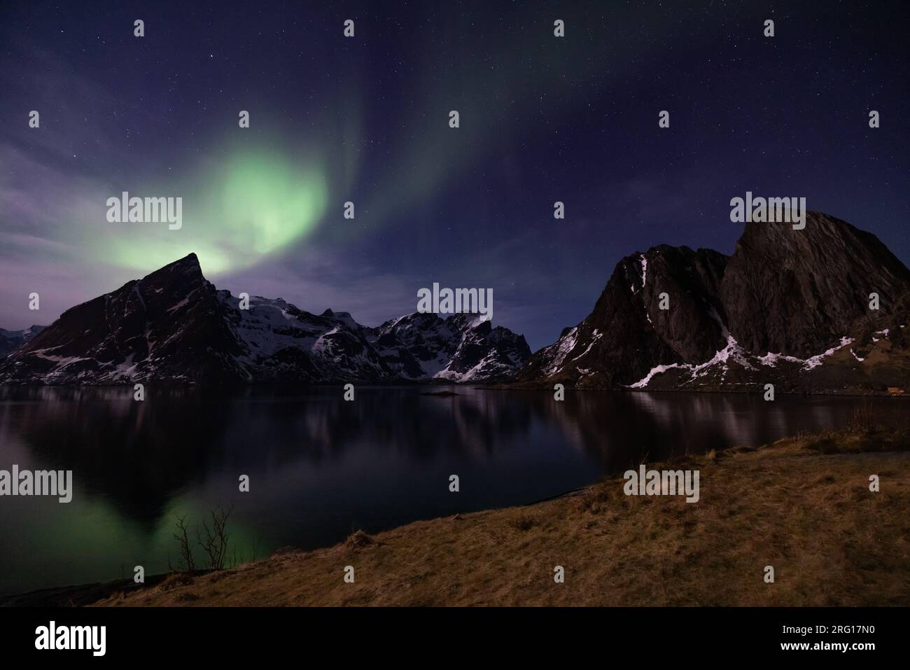 Picturesque view of green polar lights in auroral zone displaying in ...