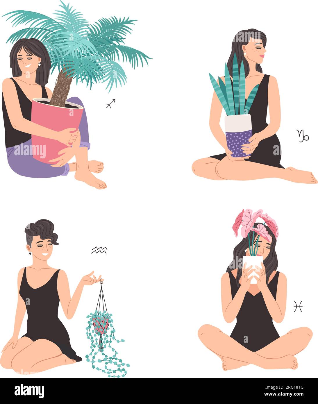 Zodiac collection set with beautiful woman, Sagittarius, Capricorn ...