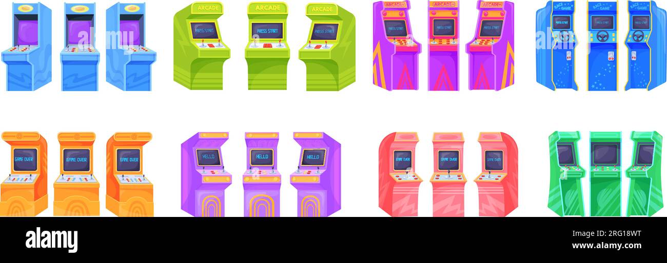 Game cabinet. Cartoon arcade machines in angles perspective, gaming 80s entertainment retro ...