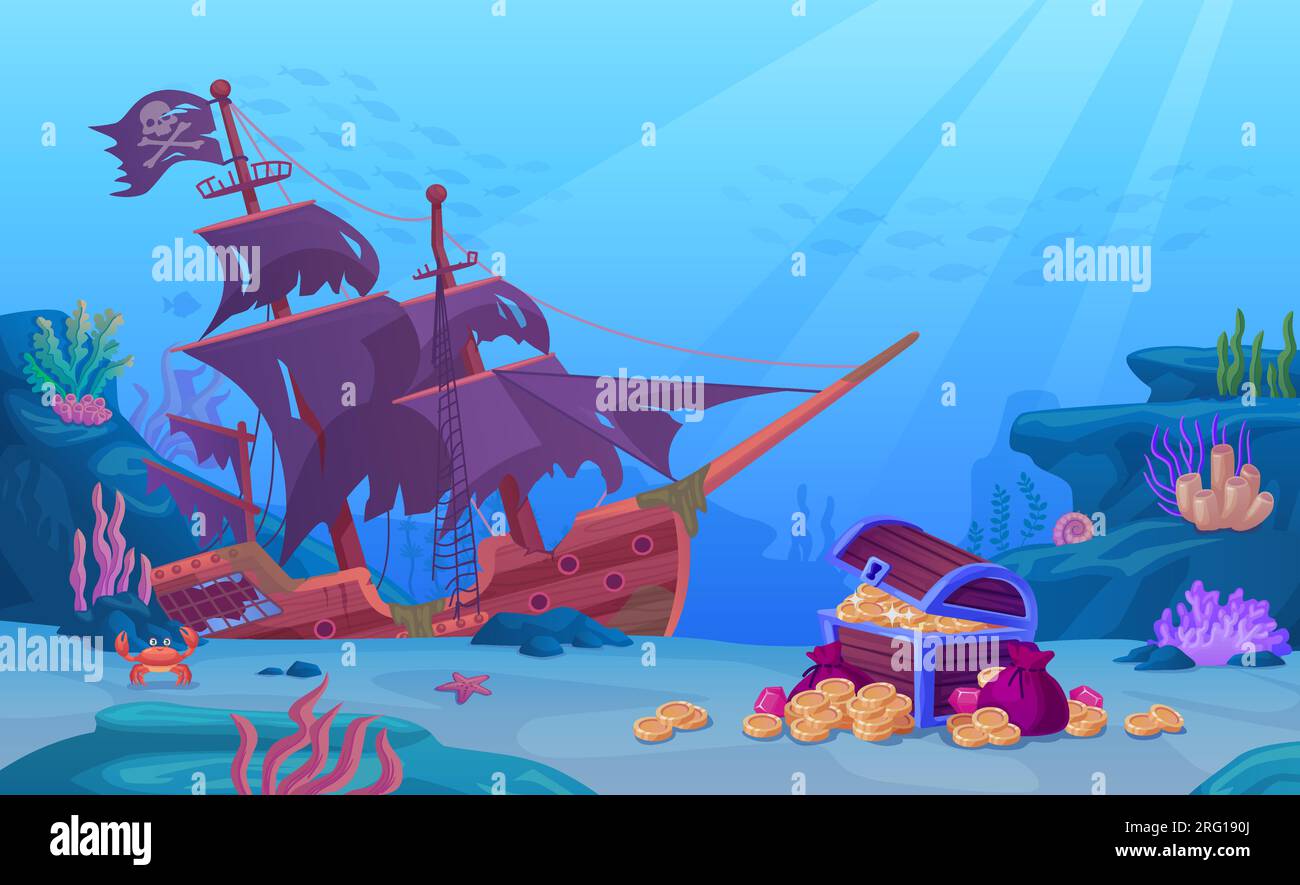 Sunken treasure. Sunken ship with pirate treasures chest on ocean ...