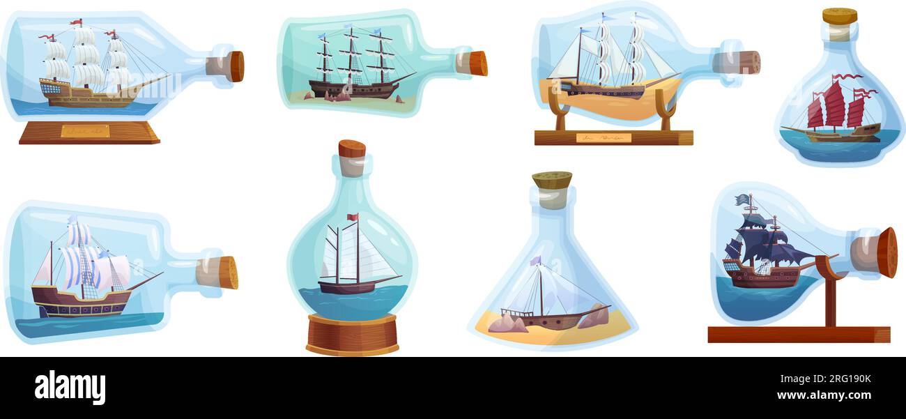 Sailboats in bottles. Miniature models marine ships inside glass bottle ...