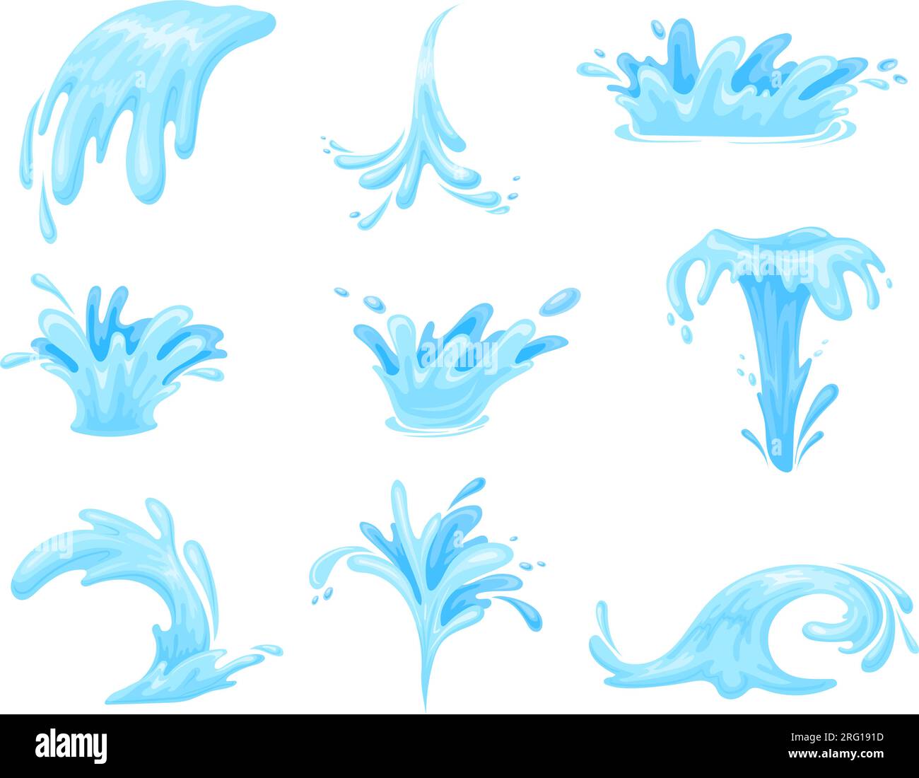 Cartoon water jets. Fontains or waterfalls falling streams, 2d liquid splashing fx ocean wave ...