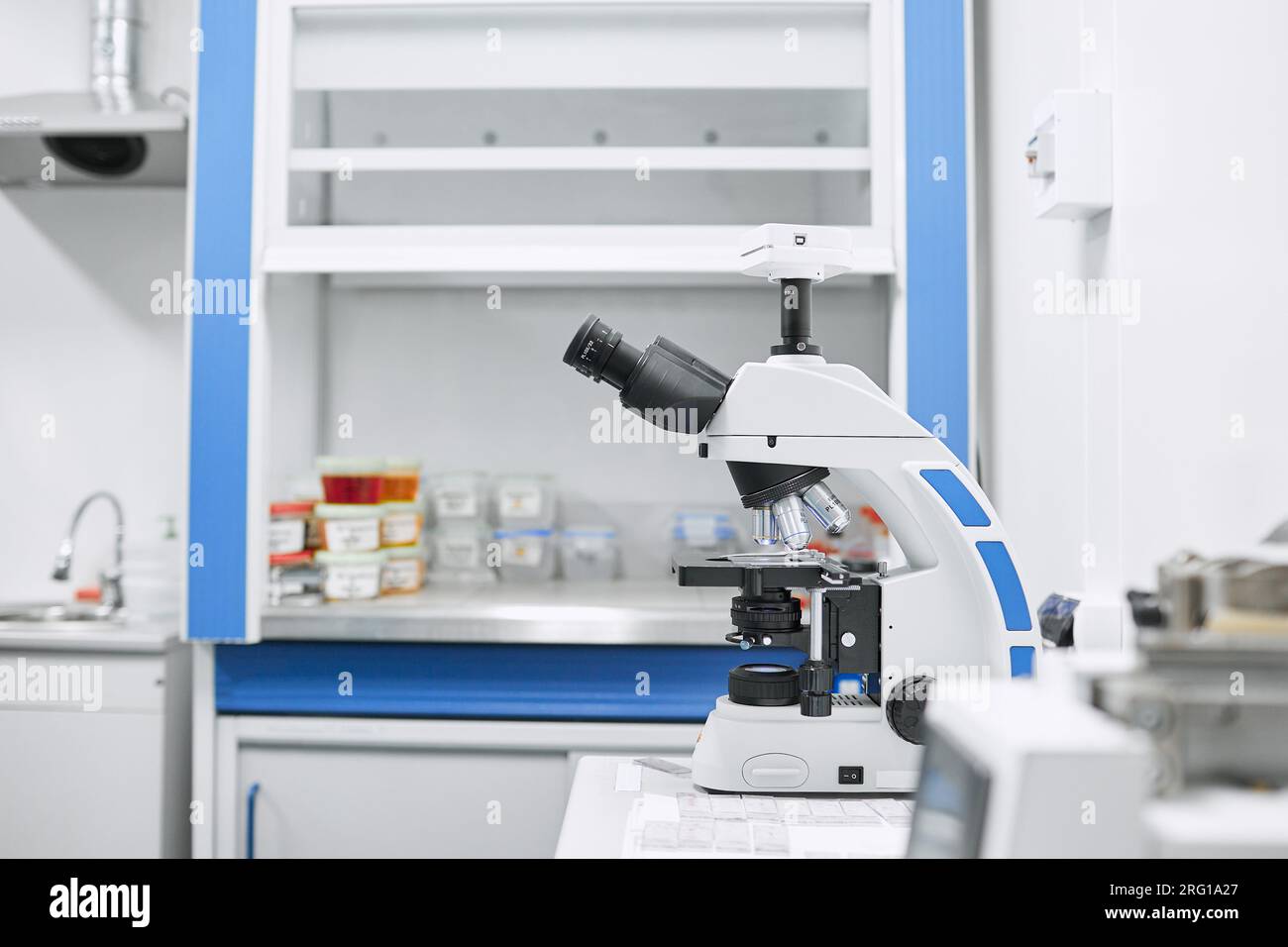 Microscope in the laboratory. View through a magnifying glass Stock ...