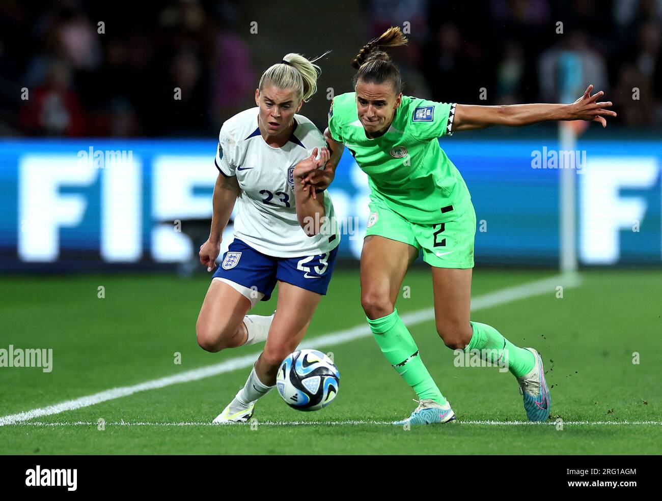 England's Alessia Russo (left) and Nigeria's Ashleigh Plumptre battle ...