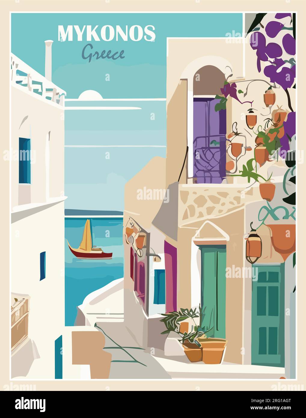 Mykonos Island, Greece Travel Poster vector art Stock Vector Image ...