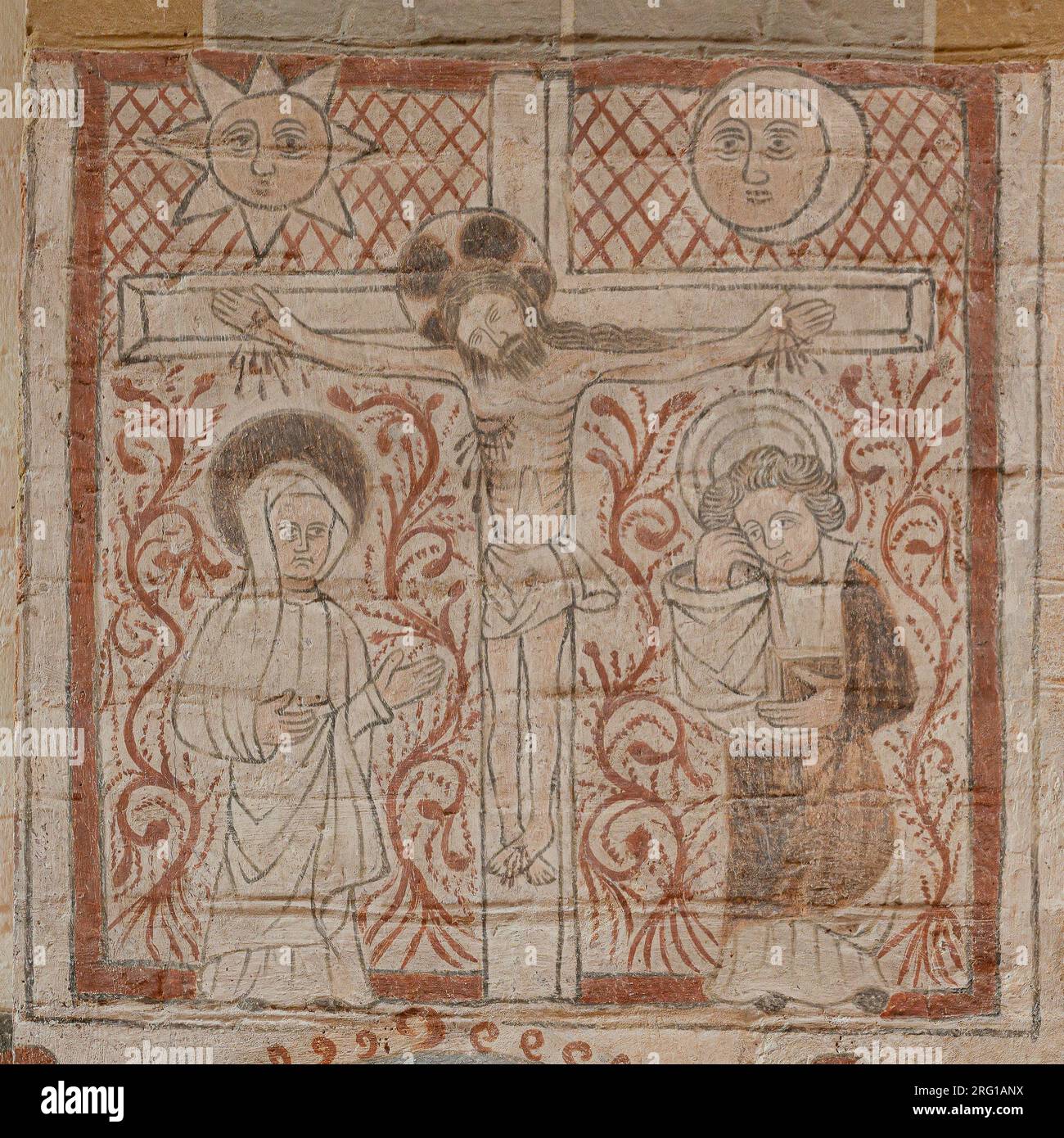 Medieval gothic fresco of the crucifixion in a square frame, Sorø, Denmark, July 29, 2023 Stock ...