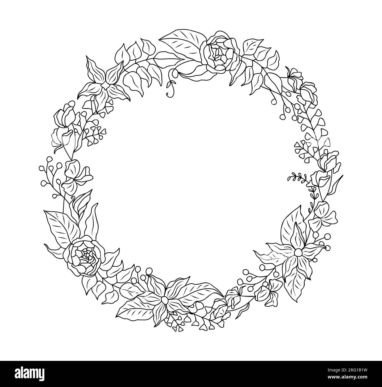 Hand drawn wild flowers wreath line art vector Stock Vector Image & Art ...