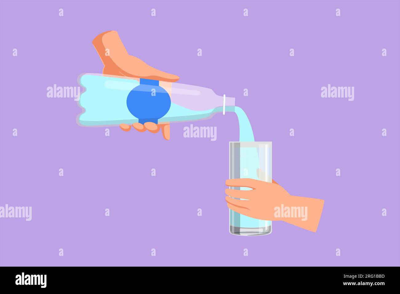 Character flat drawing stylized human hand holding plastic bottle of water, pouring water into ...