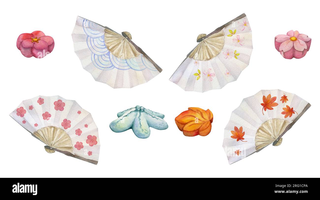 Watercolor hand drawn set of traditional Japanese sweets. Seasonal ...