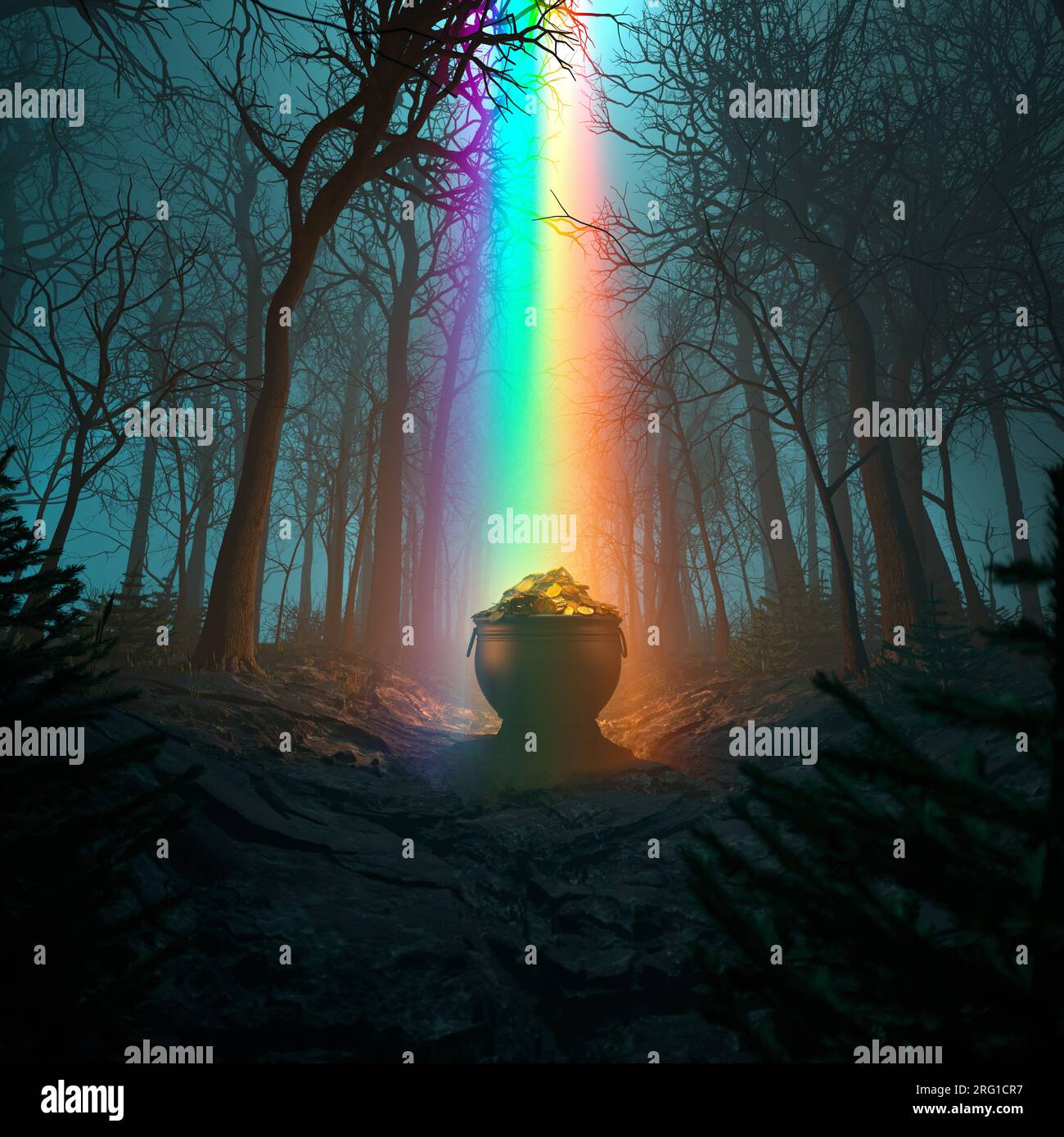 The pot of gold at the end of the rainbow. Leprechaun's treasure in the ...