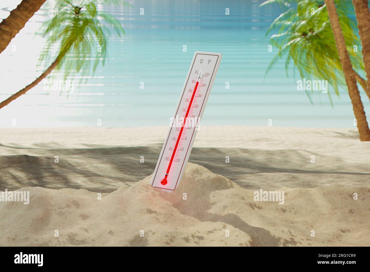 The thermometer at the beach in the shade of the palm trees. Tropical ...
