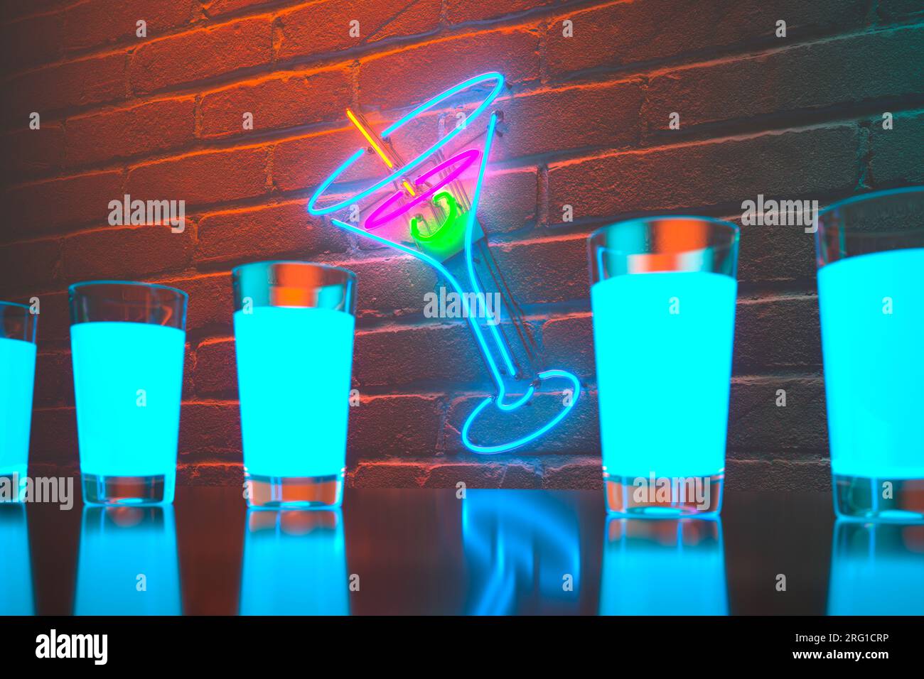 Green shots on the bar. Colourful alcoholic drinks on the table in a ...