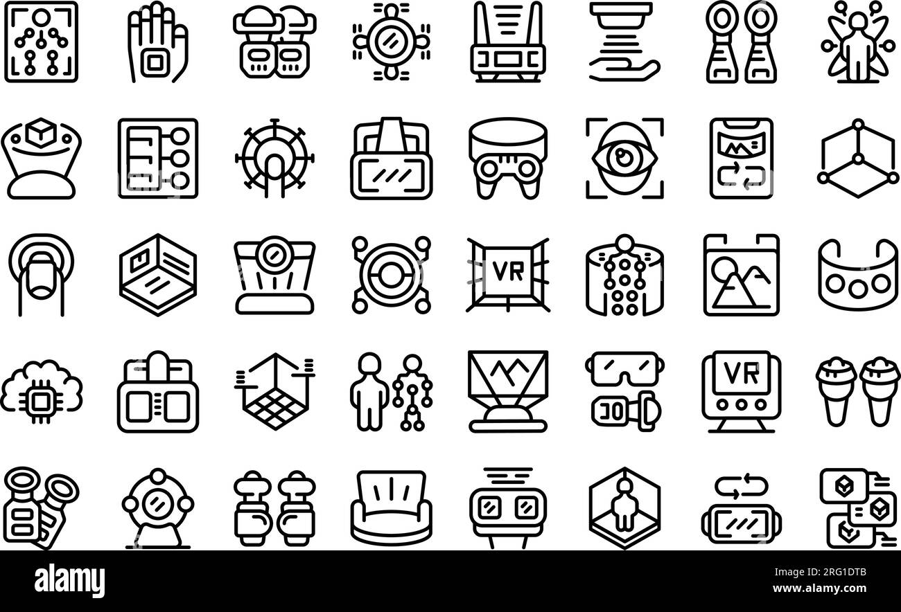 Motion sensor game icons set outline vector. Vr people. Sport glass ...