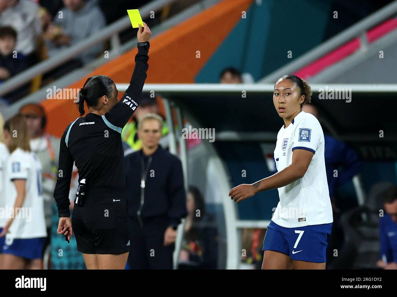 England's Lauren James (right) is shown a yellow card by referee ...