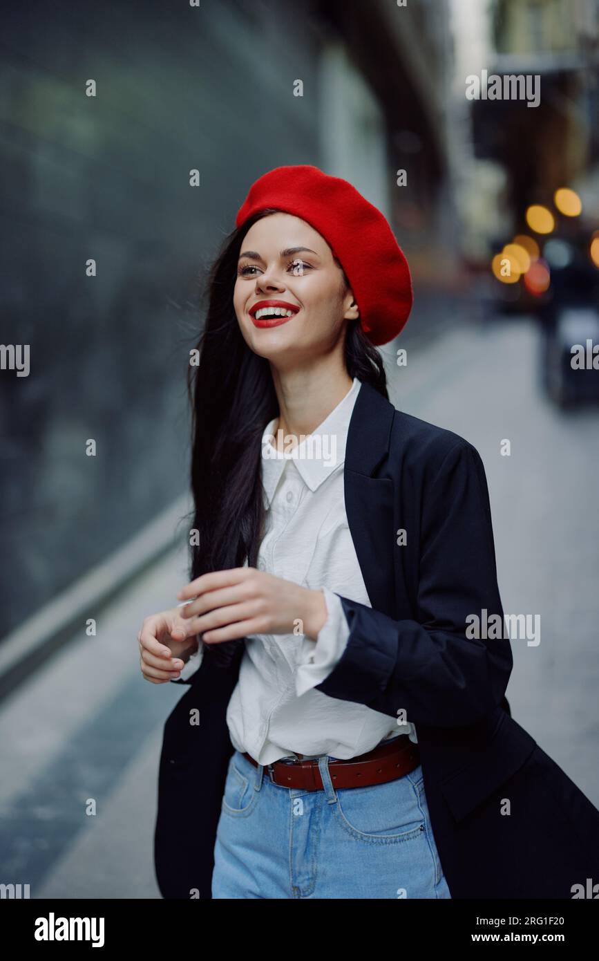 Fashion woman smile with teeth portrait walking tourist in stylish ...