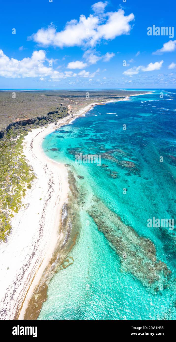 Aerial view of coastline, The Caves, Two Foot Bay, Barbuda, Caribbean ...