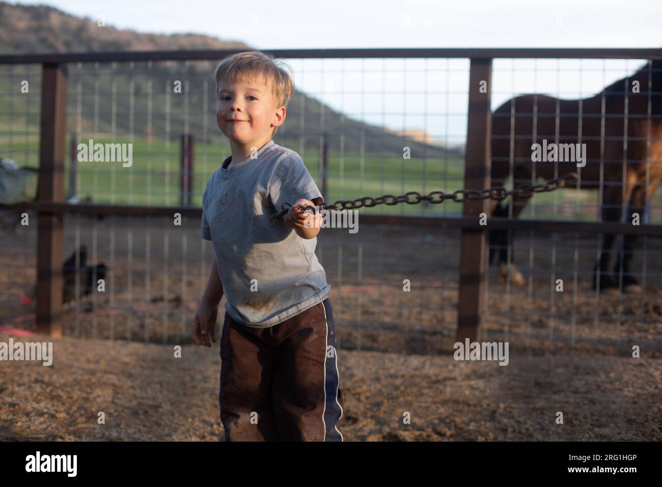 Little boy swinging chain with horse in background Stock Photo - Alamy
