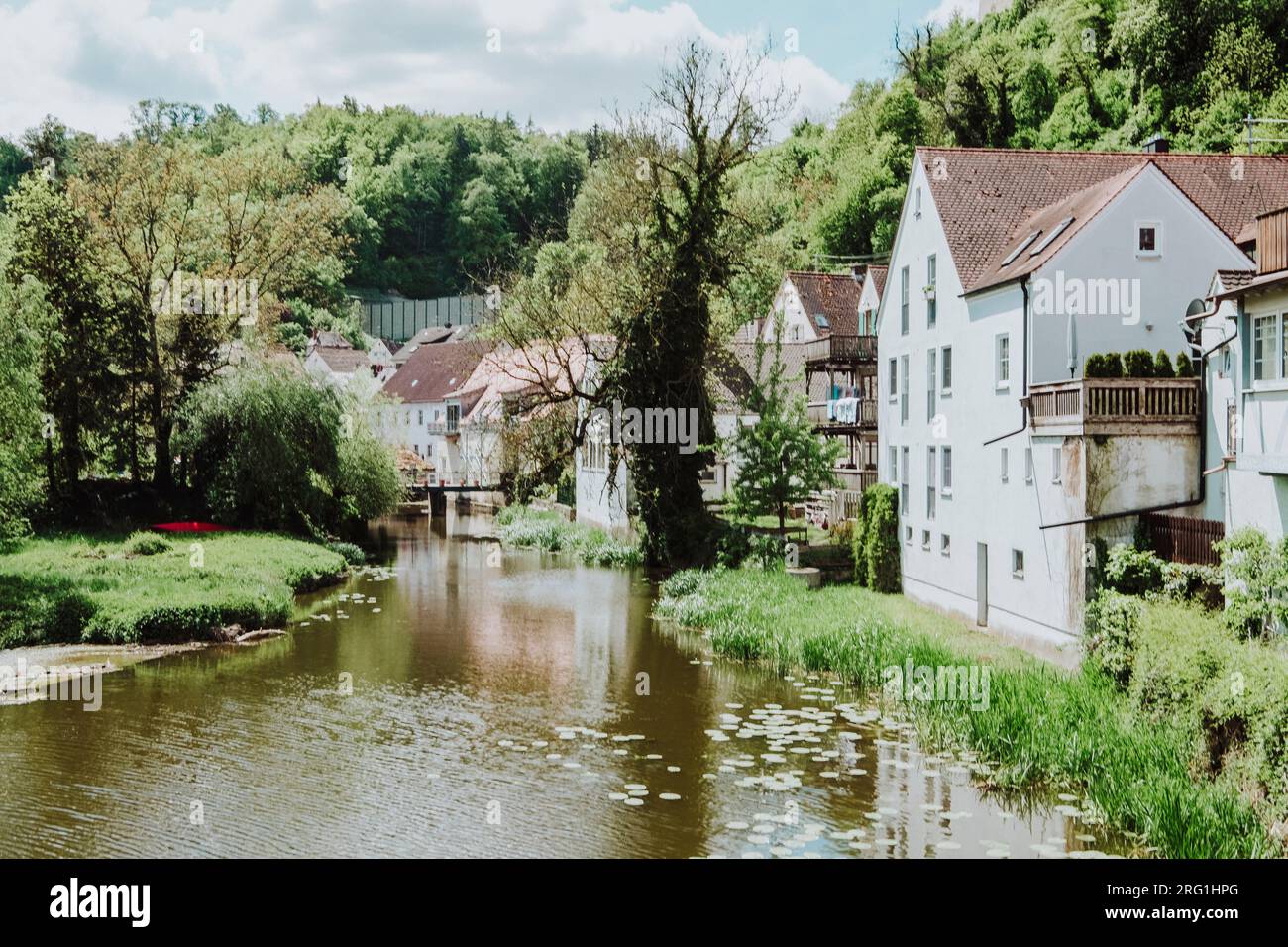 Landscape with river in a medieval town, Harburg, Germany Stock Photo ...