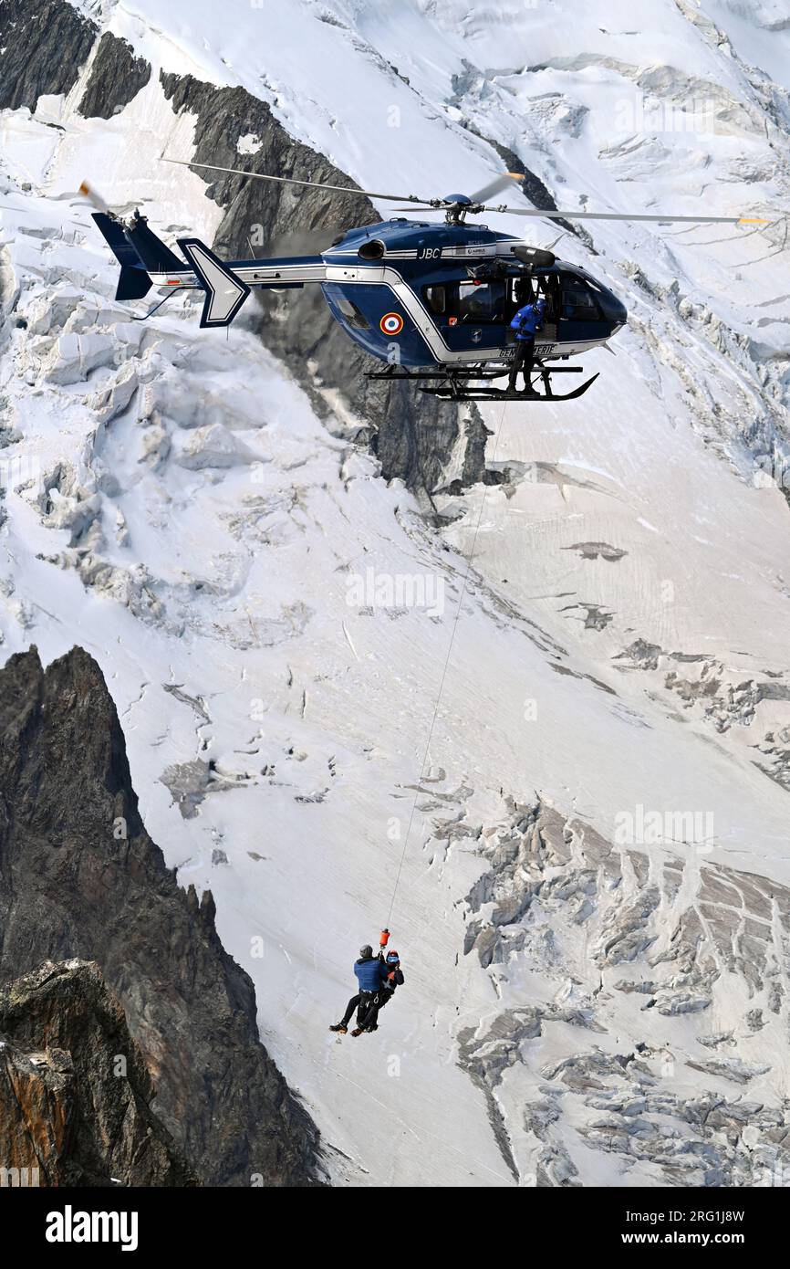 Pic du Midi, Mont Blanc, Chamonix, France - July 31 2023: Climber being ...