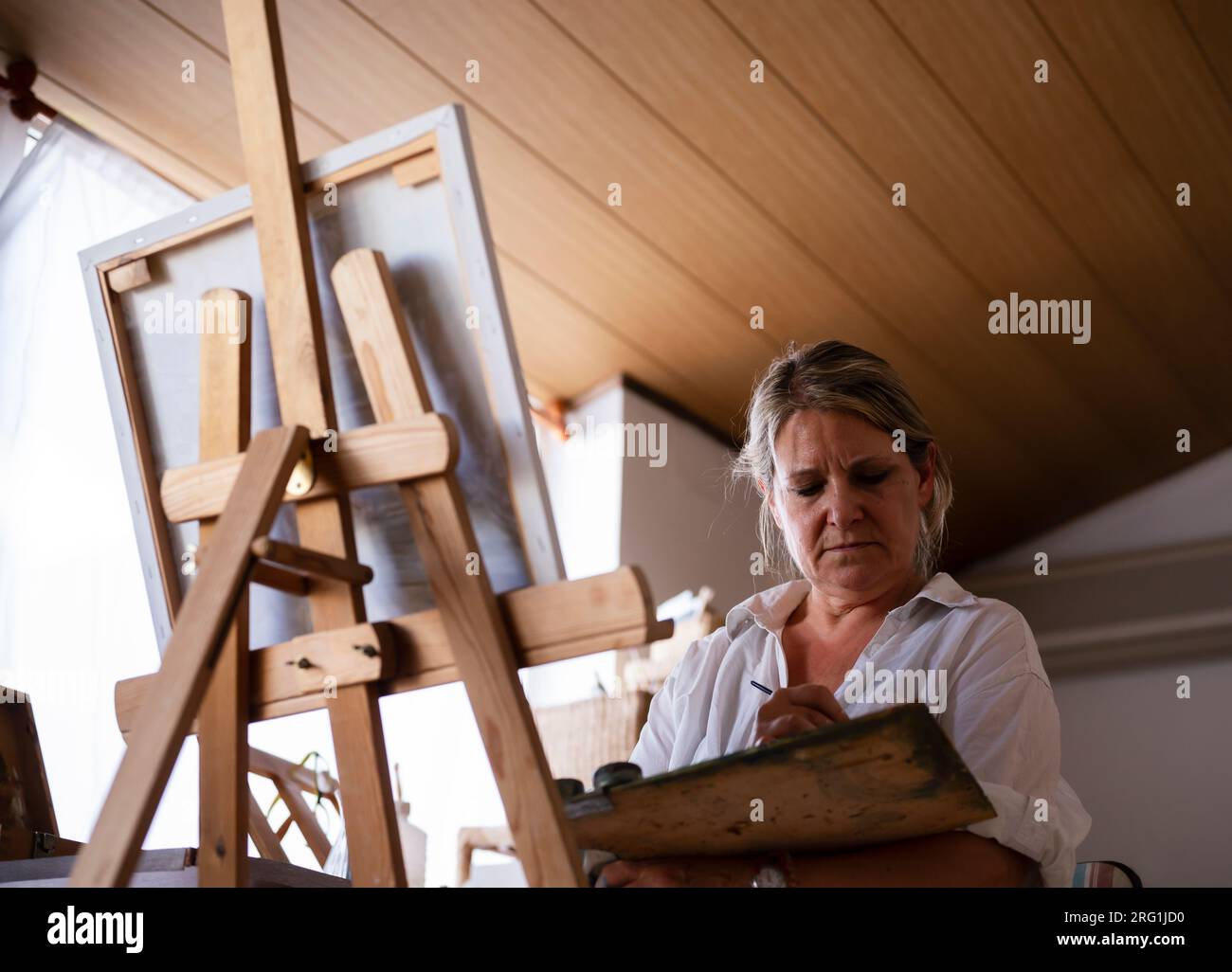 Woman concentrating on painting a piece of artwork in her studio Stock ...