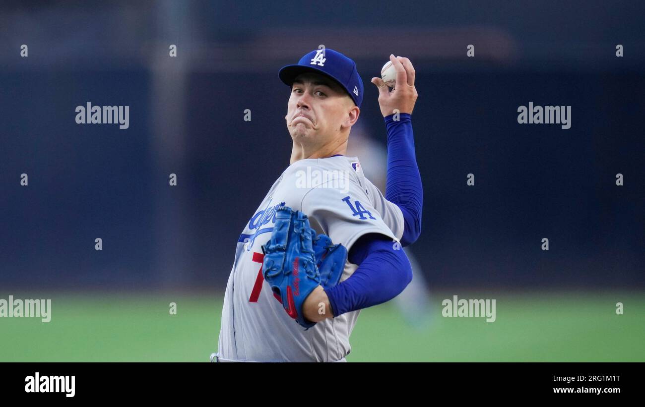 Los Angeles Dodgers starting pitcher Bobby Miller works against a San ...