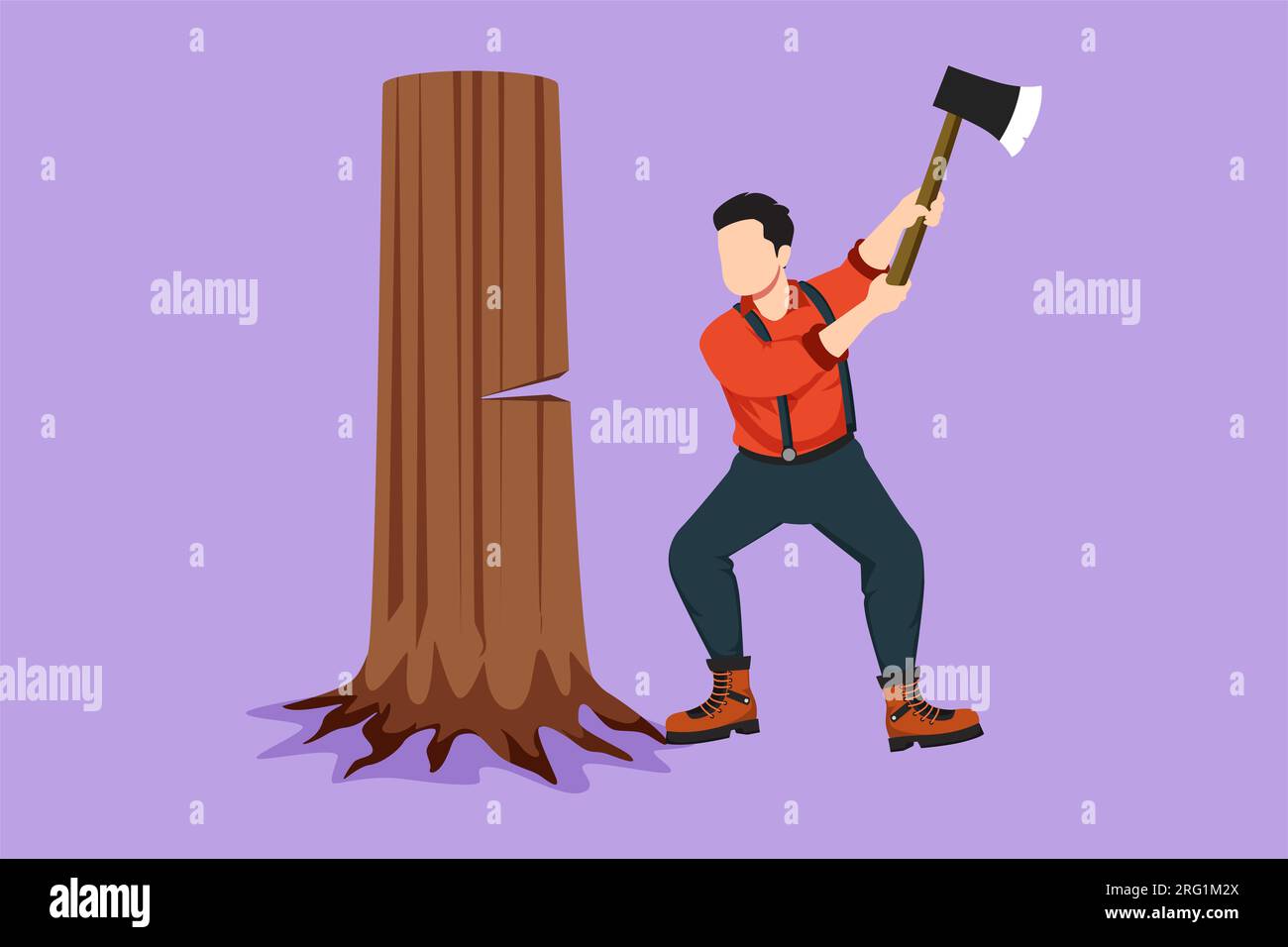 Graphic flat design drawing lumberjack with an ax chopping wood ...