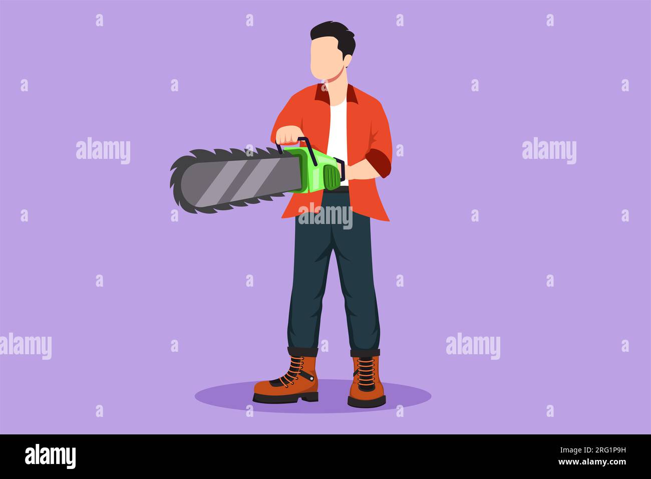 Cartoon flat style drawing active worker using the chainsaw. Wearing ...