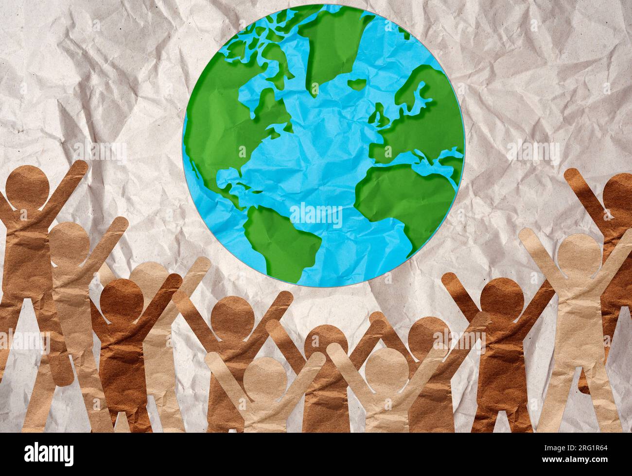 Cut-out paper people reaching for planet Earth, concept of planet and ...
