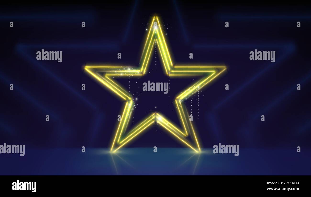Golden neon stars, glowing led star. Stage. Blue background for awards ...