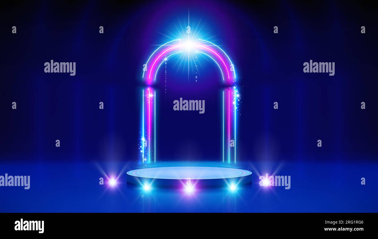 Neon arch, led frame, stage, podium with spotlight. Background ...