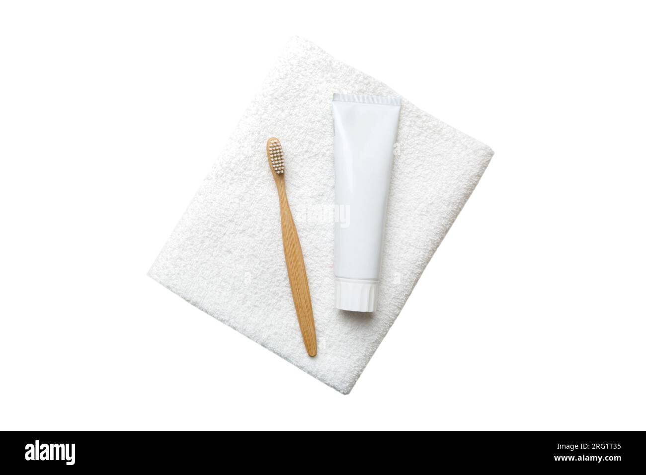 toothpaste and toothbrush top view with copy space isolated on white ...