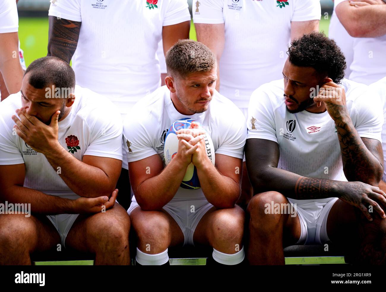 England's Ellis Genge, Owen Farrell and Courtney Lawes during a squad announcement for the 2023 ...