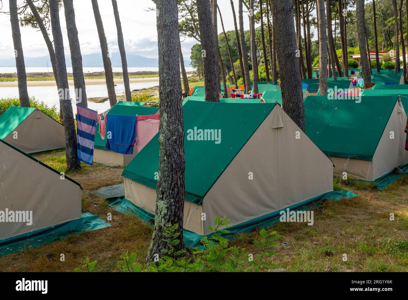 Tents in campsite, Camping Islas Cies, Isla del Faro, Cies Islands ...