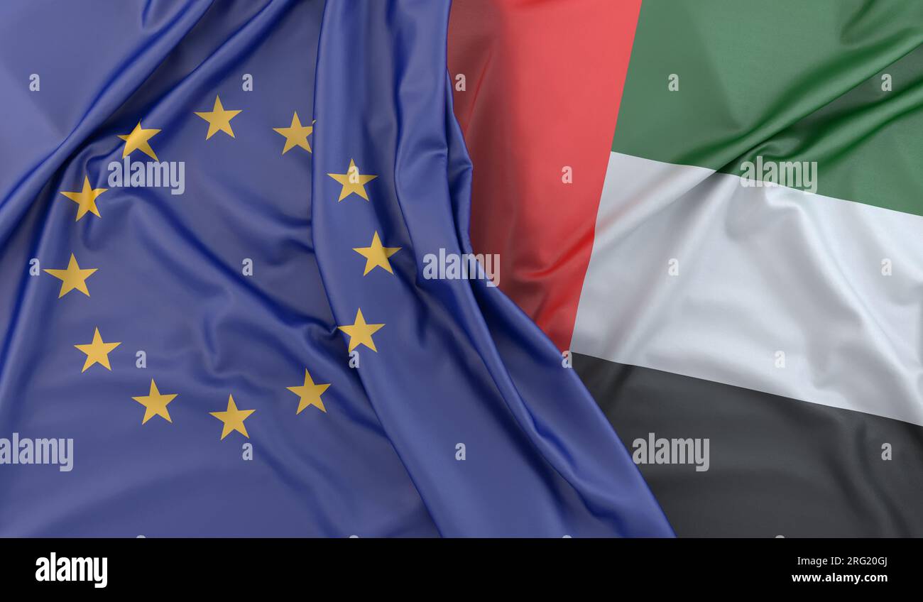 Ruffled Flags of European Union and United Arab Emirates. 3D Rendering ...