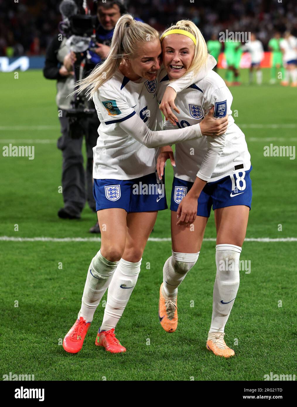 England's Alex Greenwood and Chloe Kelly celebrate victory following a penalty shoot-out after ...