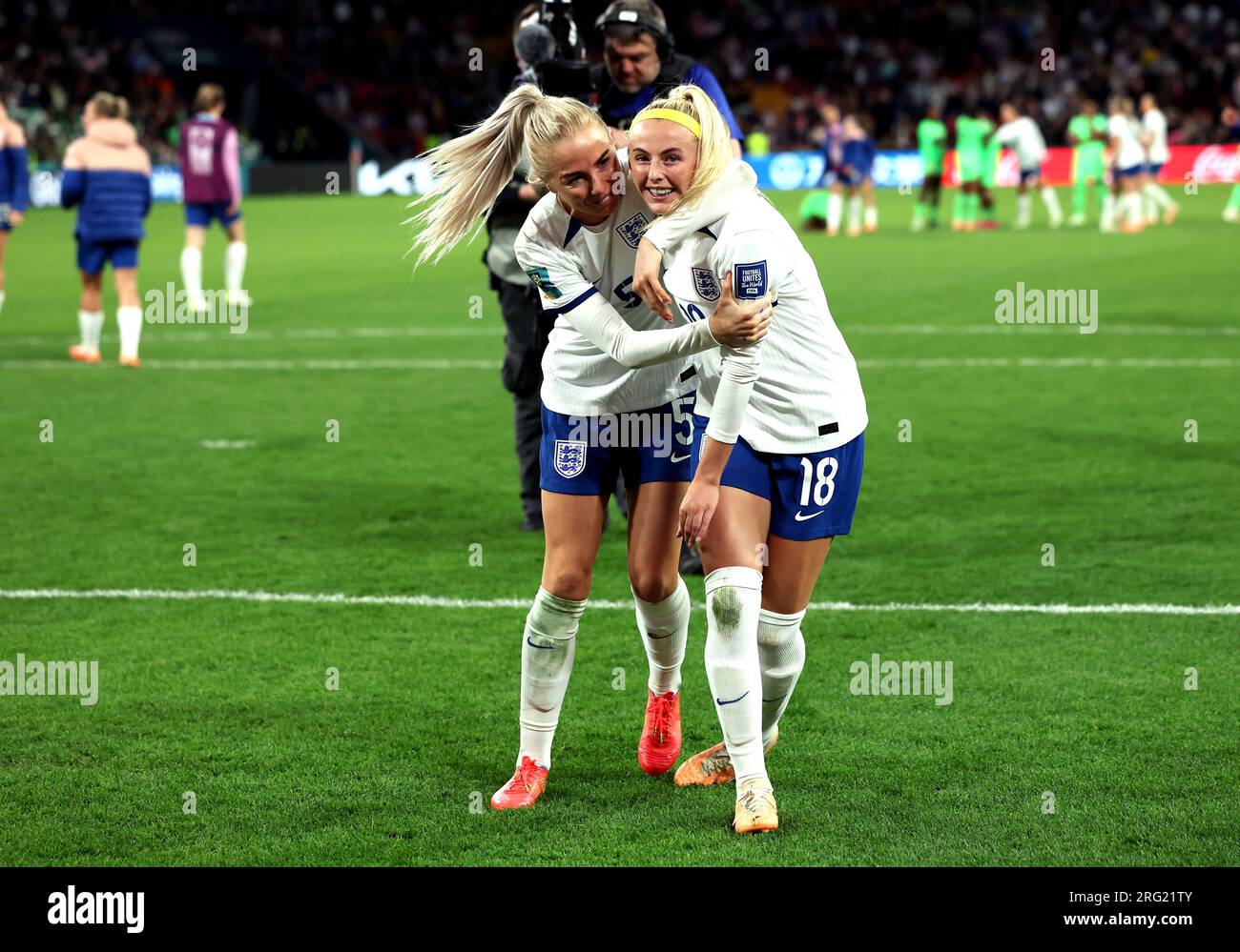 England's Alex Greenwood and Chloe Kelly celebrate victory following a penalty shoot-out after ...