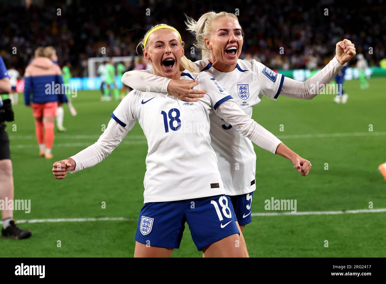 England's Chloe Kelly and Alex Greenwood celebrate victory following a penalty shoot-out after ...