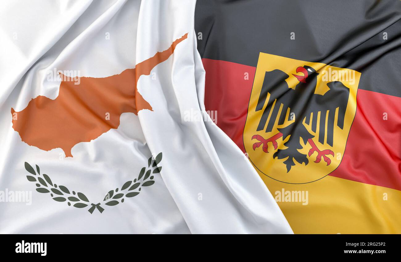 Ruffled Flags of Cyprus and Germany (with coat of arms). 3D Rendering ...