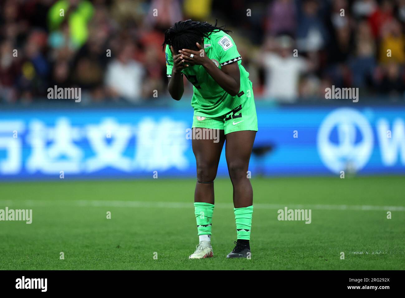 Nigeria's Michelle Alozie reacts after taking a penalty shot which goes ...