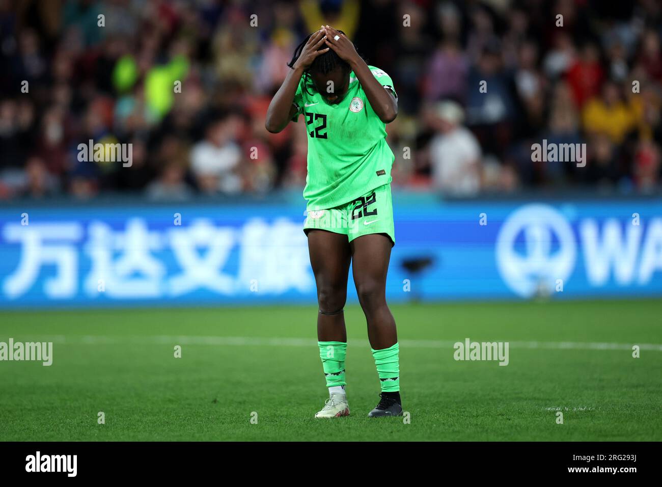 Nigeria's Michelle Alozie reacts after taking a penalty shot which goes ...